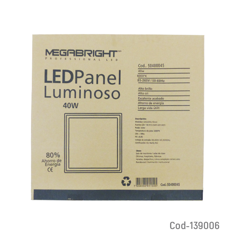 Kolm | LED Panel Cuadrado Marca MEGABRIGHT 60 X 60 Cm, De Luz Fria Para Embutir