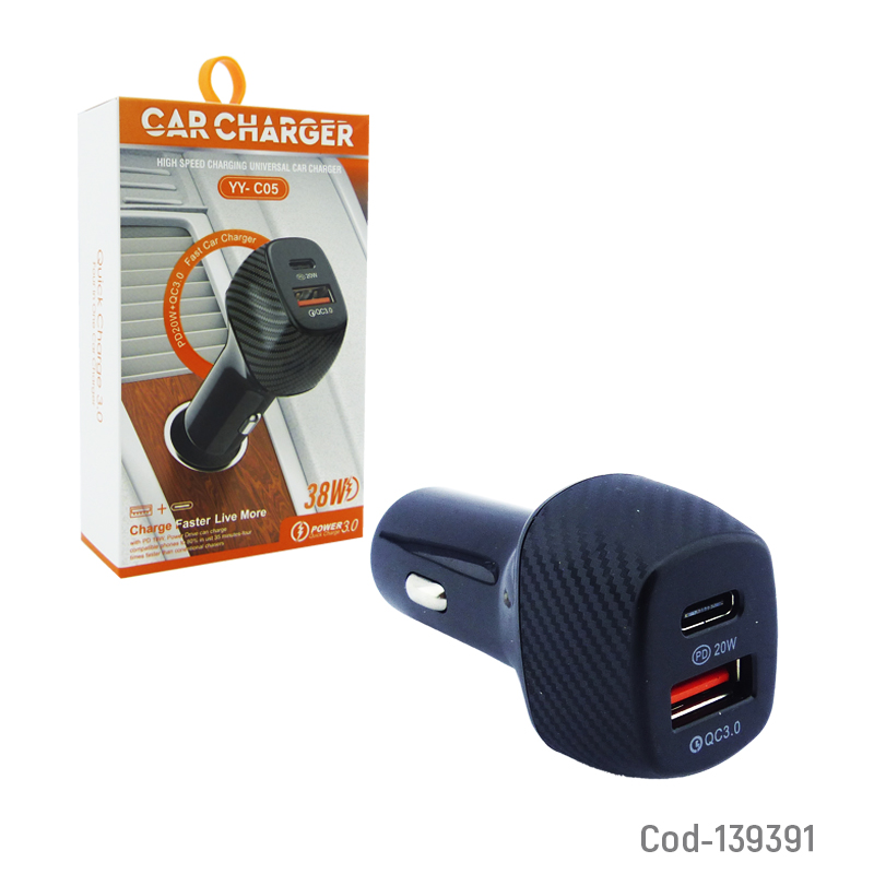 Kolm | Cargador Con 1 USB + 1 Tipo-C De 38 Watt Modelo YY-C05 A 12Volt