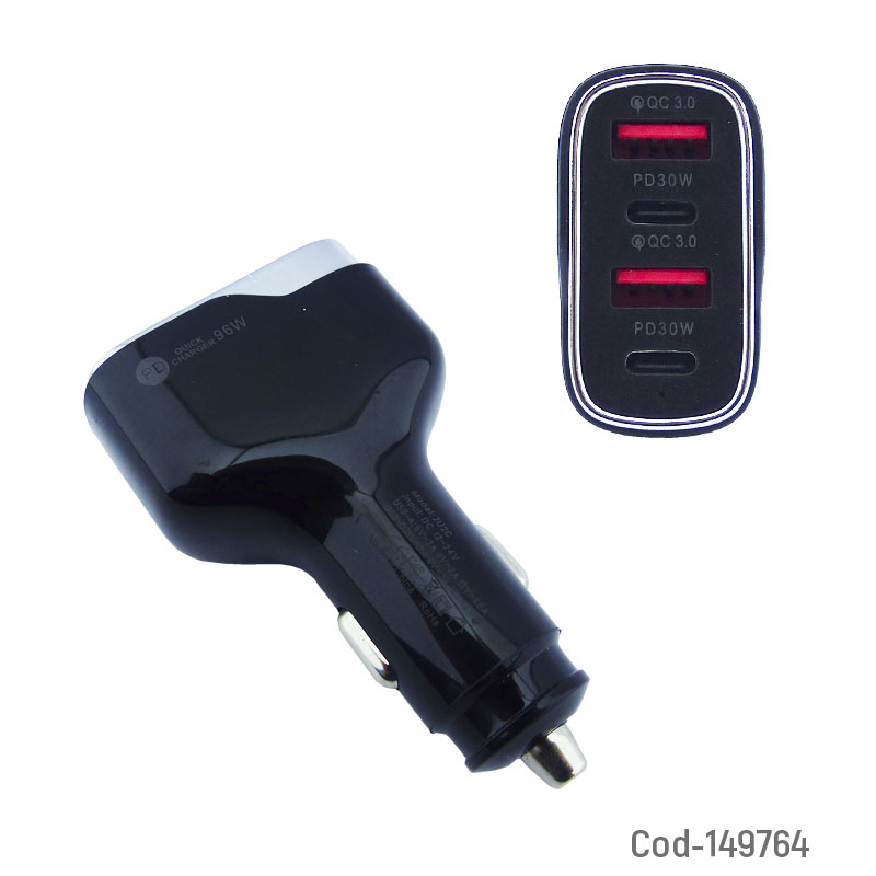 Kolm | Cargador De 2 USB Y 2 Type-C A 30 Watt 12 Volt, Marca POWER MAX 3.0