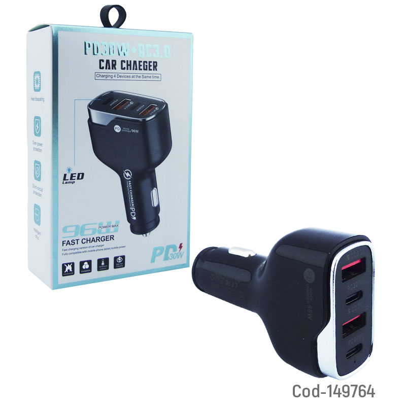 Kolm | Cargador De 2 USB Y 2 Type-C A 30 Watt 12 Volt, Marca POWER MAX 3.0